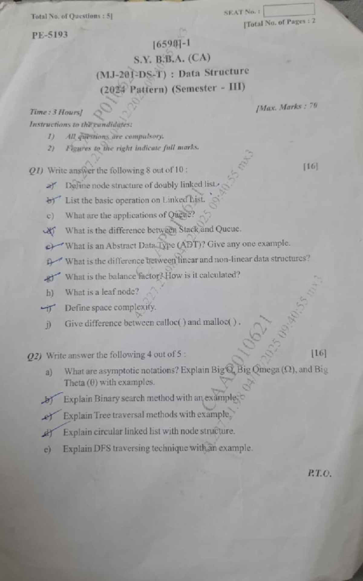 S.Y. B.B.A. (CA) Data Structure Exam Paper - 2024 Pattern - Studocu