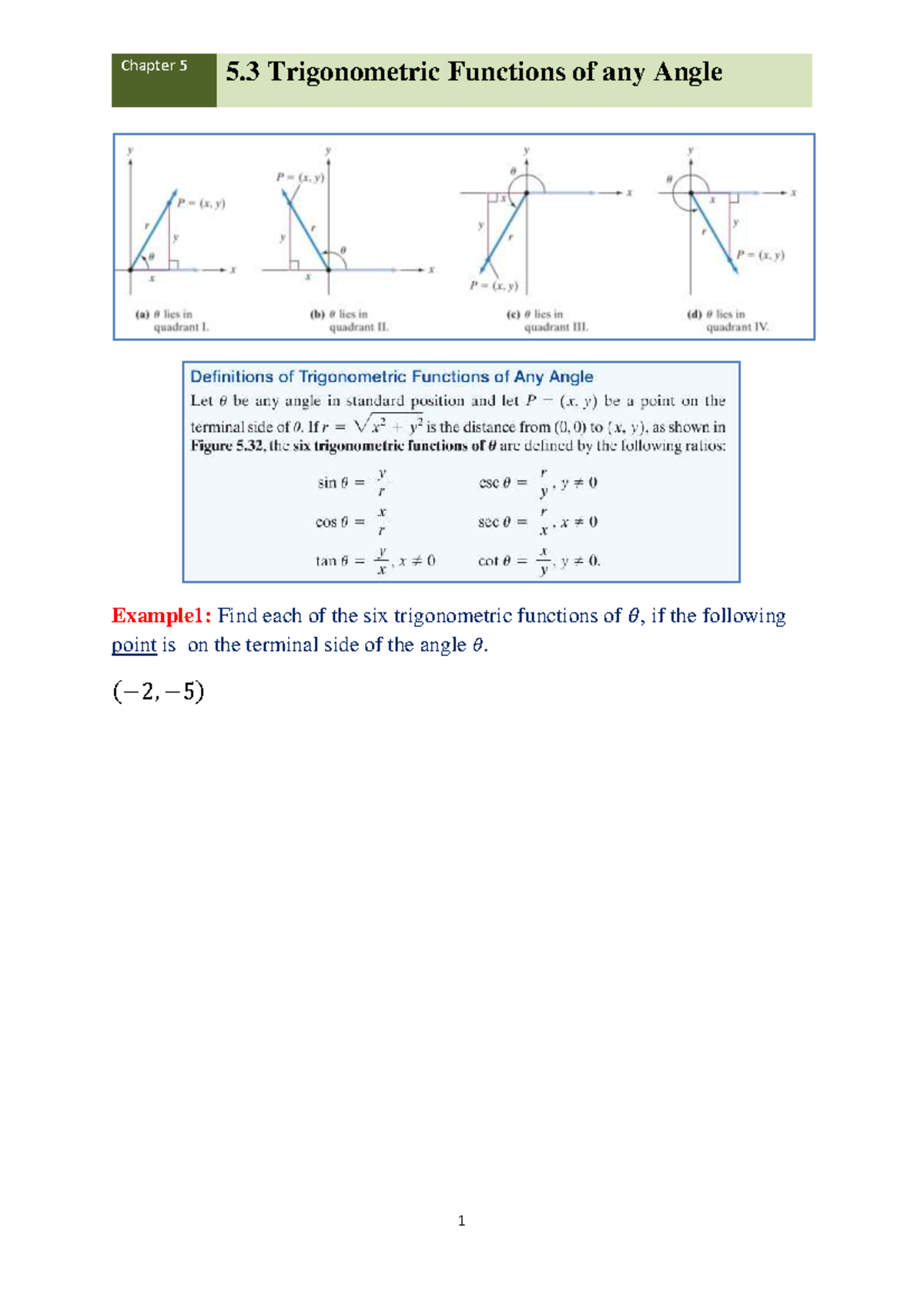 Chapter 5.3 Trigonometric Functions of Any Angle (Sec 242) - Studocu