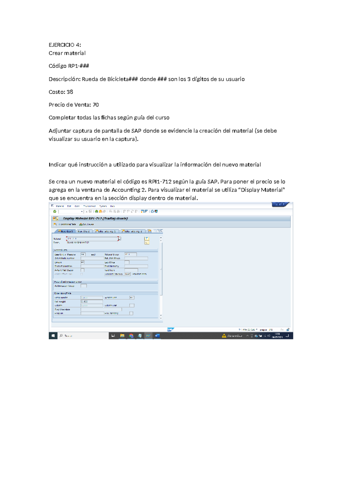 Ejercicio 4: Creación de Material y Visualización en SAP - RP1 ...