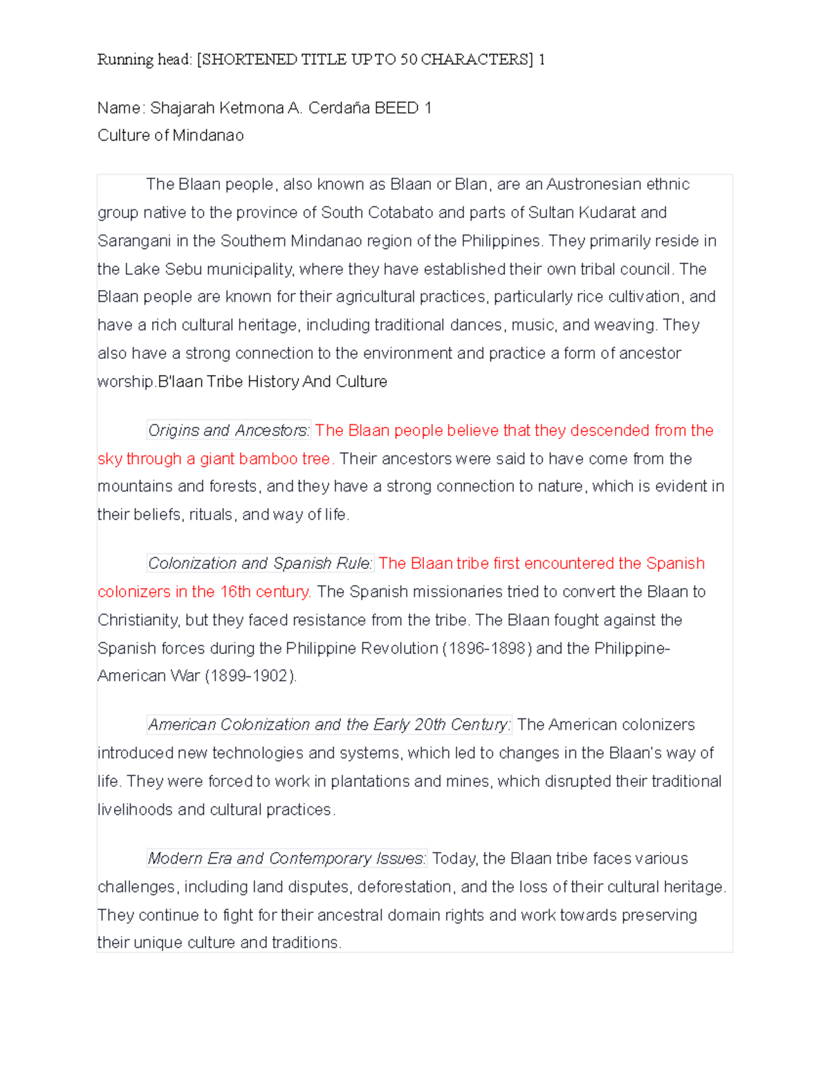 BEED 1 Culture and History of the Blaan Tribe in Mindanao - Studocu