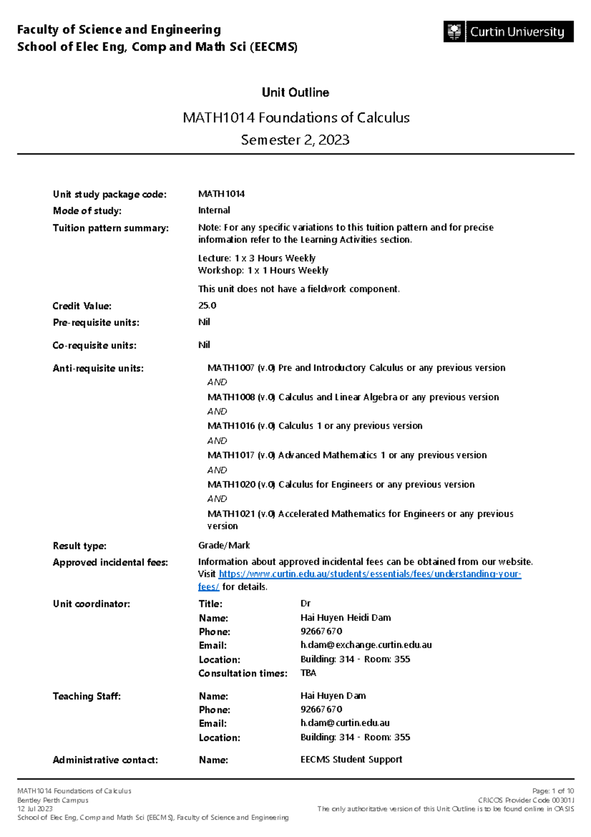 MATH1014 Foundations of Calculus Unit Outline - Semester 2, 2023 - Studocu