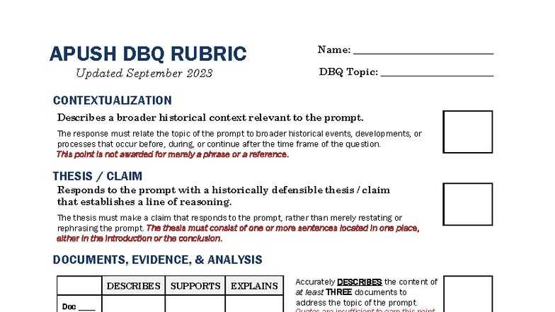 APUSH DBQ Rubric: Contextualization & Thesis Guidelines - Studocu