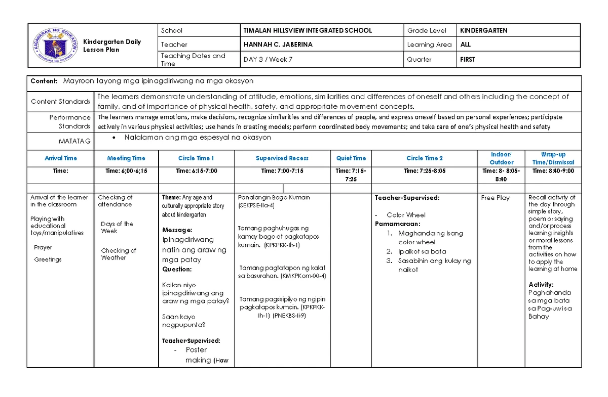 WEEK 1 - Kinder Activities Booklet: Lesson Plans & Seatwork - Studocu