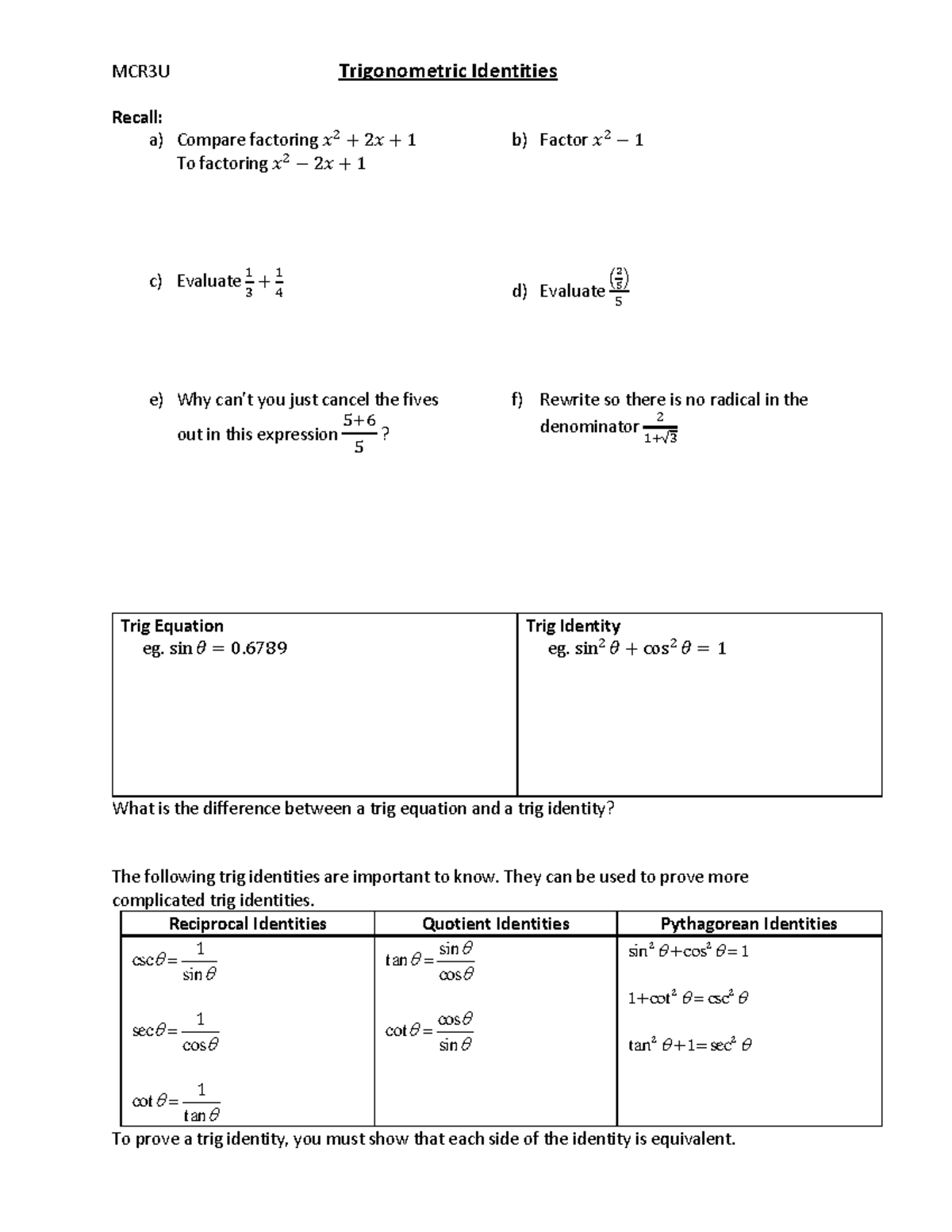 MCR3U Lesson 5: Key Trigonometric Identities and Proofs - Studocu