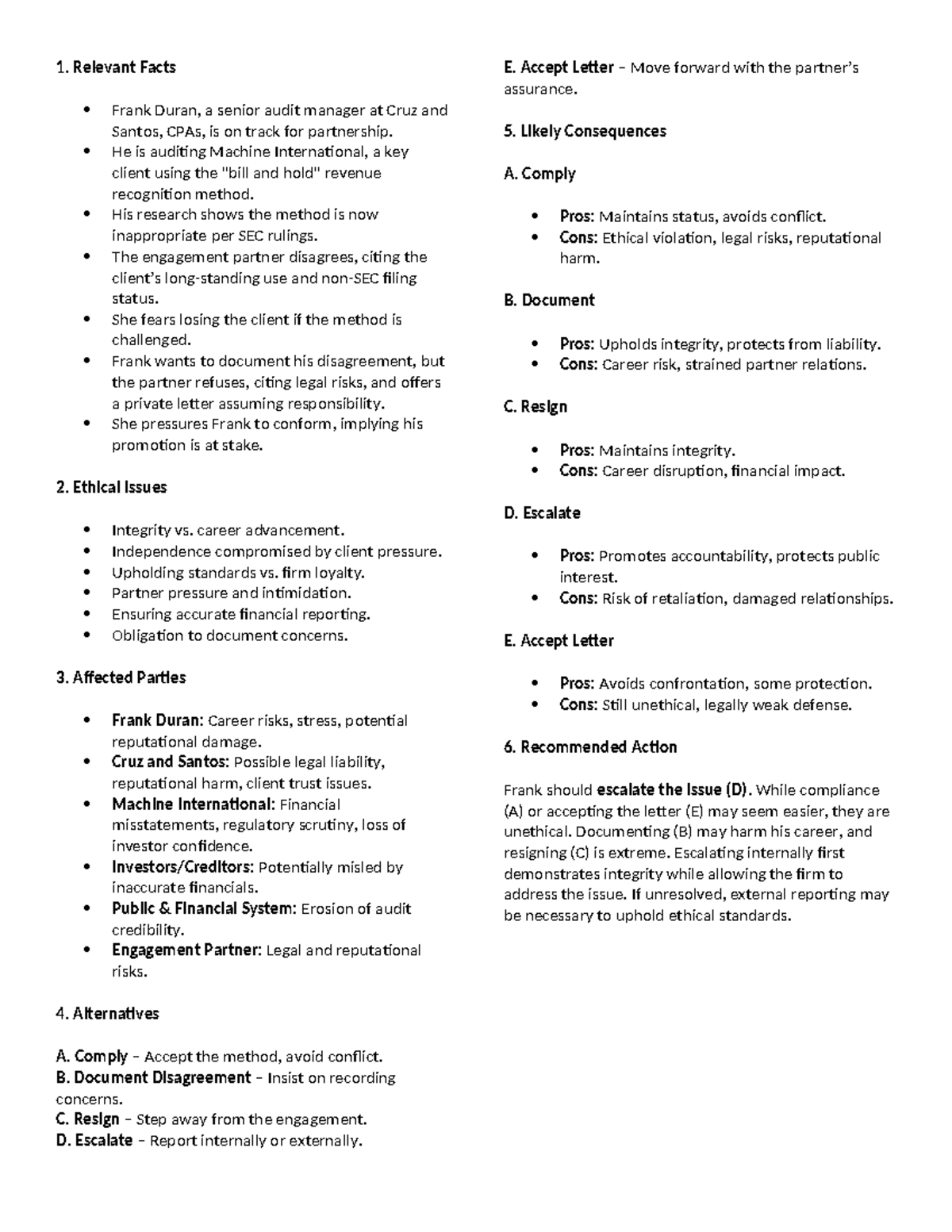 Exercise 2 answer - 1. Relevant Facts Frank Duran, a senior audit manager at Cruz and Santos ...