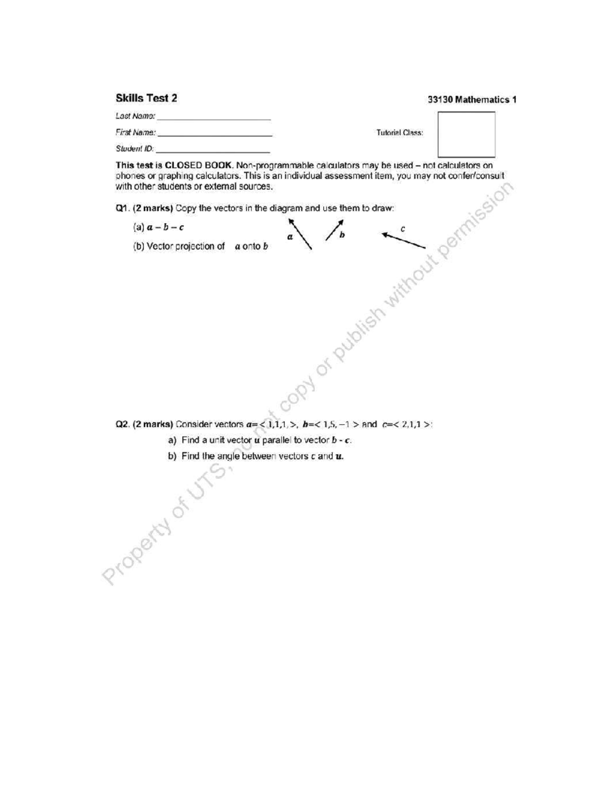 Skills Test 2 (33130) Mathematics 1 - Vector Analysis and Calculations ...