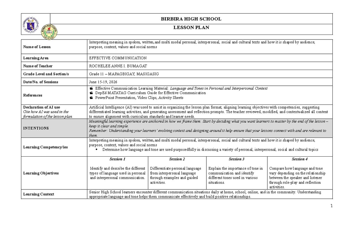BIRBIRA HIGH SCHOOL G11 LESSON PLAN: Effective Communication in ...