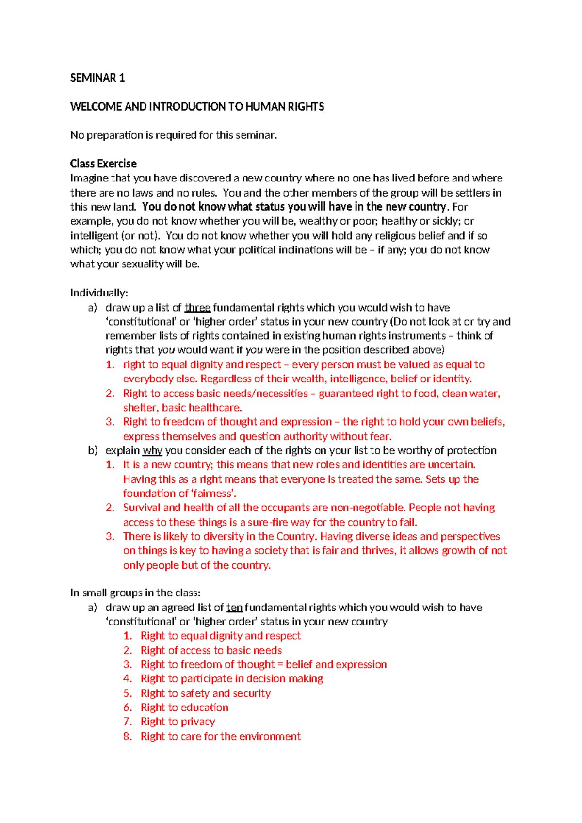 Seminar 1: Intro to Human Rights & Fundamental Rights Exercise - Studocu