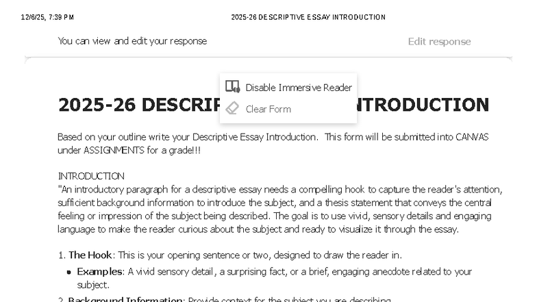 ENG 101: Descriptive Essay Introduction Guidelines - Studocu