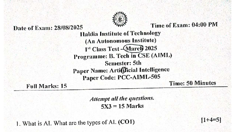 AI Class Test Paper - B. Tech CSE (AIML) 5th Sem 2025 - Studocu