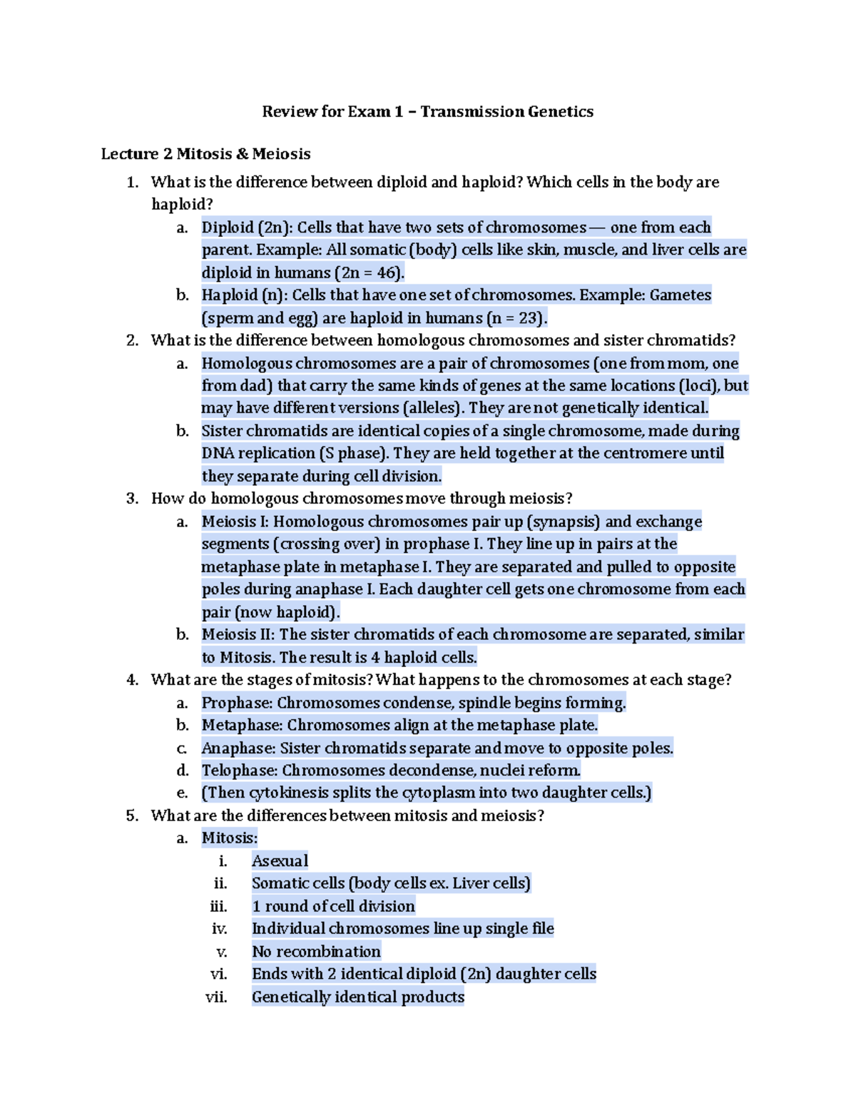 Genetics Lecture Notes: Mitosis, Meiosis & Mendelian Principles (BIO ...