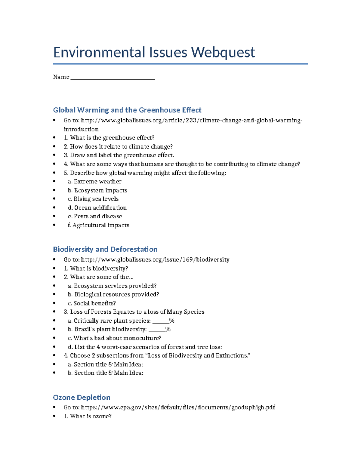 Environmental Issues Webquest: Global Warming, Biodiversity & Ozone ...