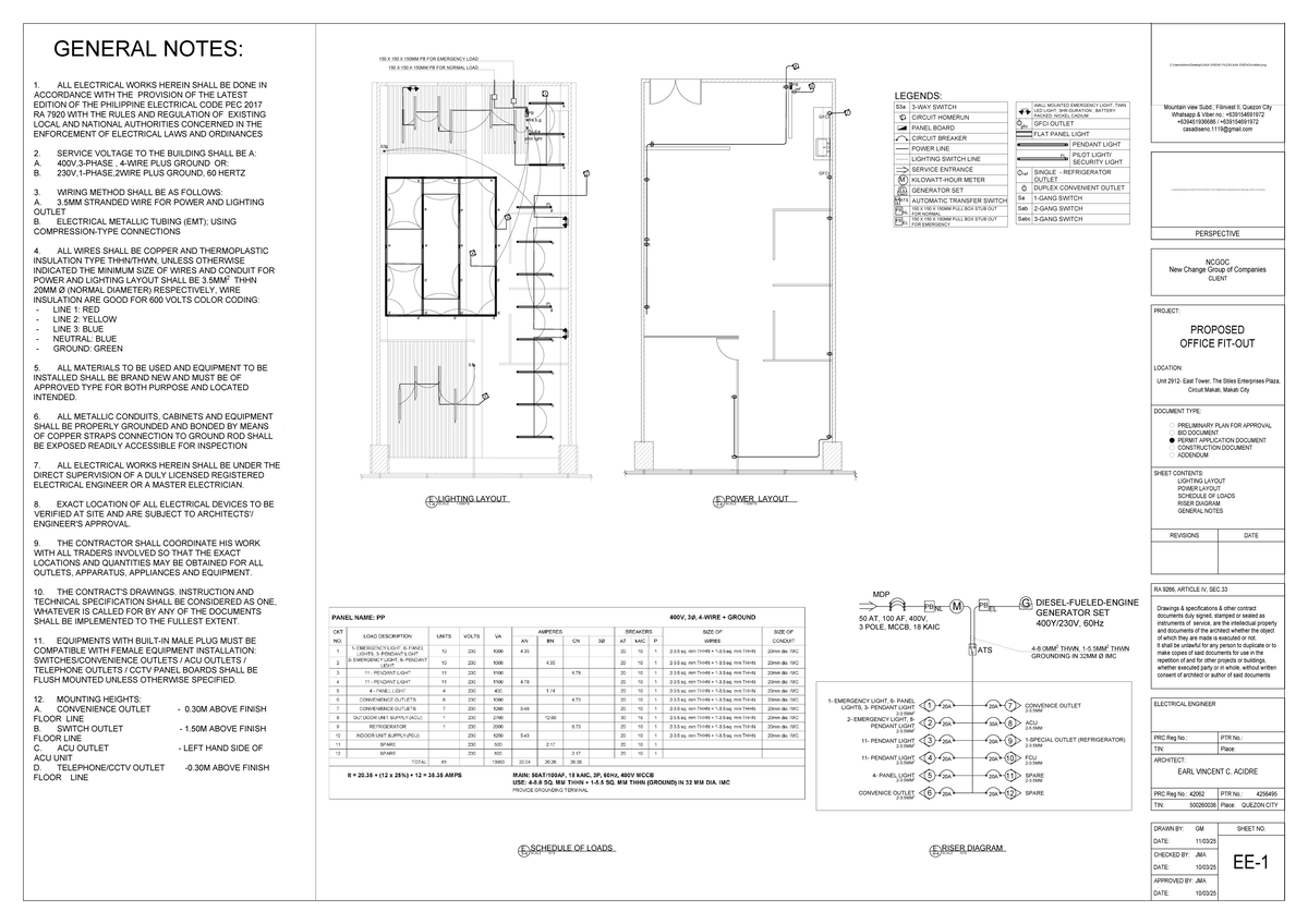 E1 - General Electrical Notes and Wiring Layout for Emergency Load ...