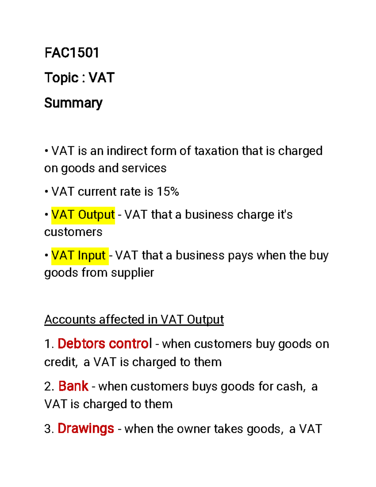 F A C 1 5 0 1 VAT Summary for Study & Revision Notes - Studocu