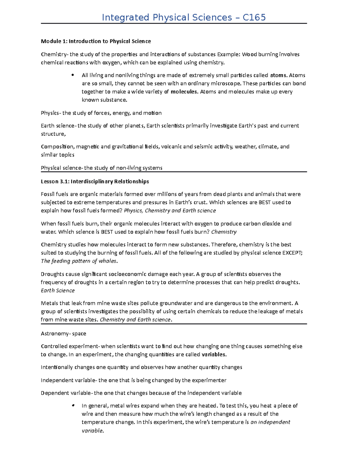 C165 Integrated Physical Sciences - Integrated Physical Sciences – C ...
