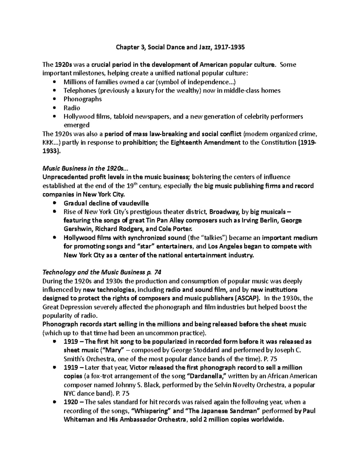 Chapter 3 Notes - Chapter 3, Social Dance and Jazz, 1917- The 1920s was ...