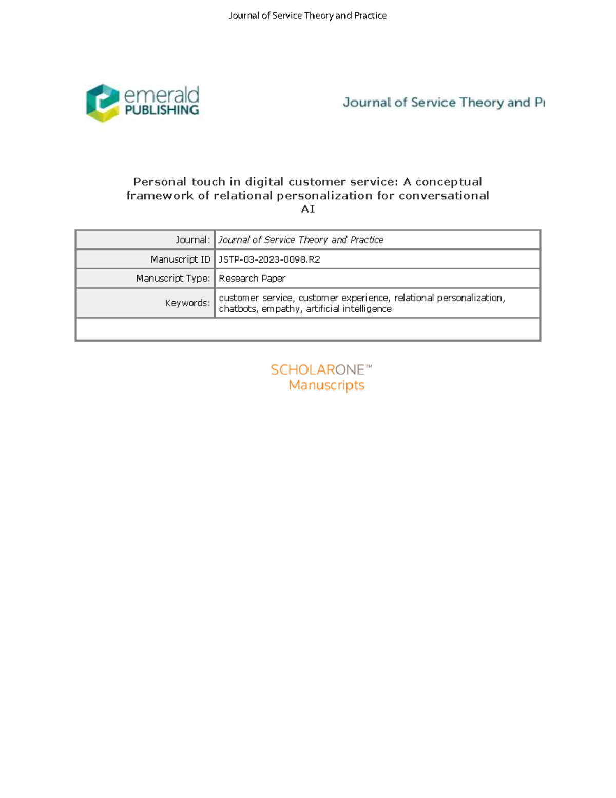 Personal Touch in Digital Customer Service: A Conceptual Framework for ...