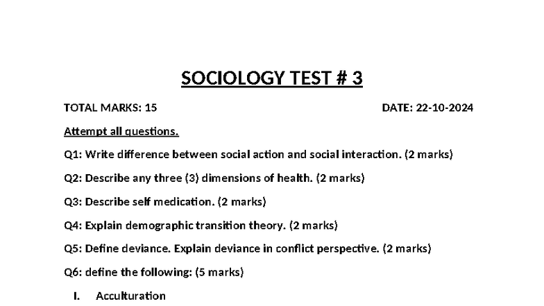 Sociology TEST 3 (22 Oct) - SOCIOLOGY TEST # 3 TOTAL MARKS: 15 DATE: 22 ...