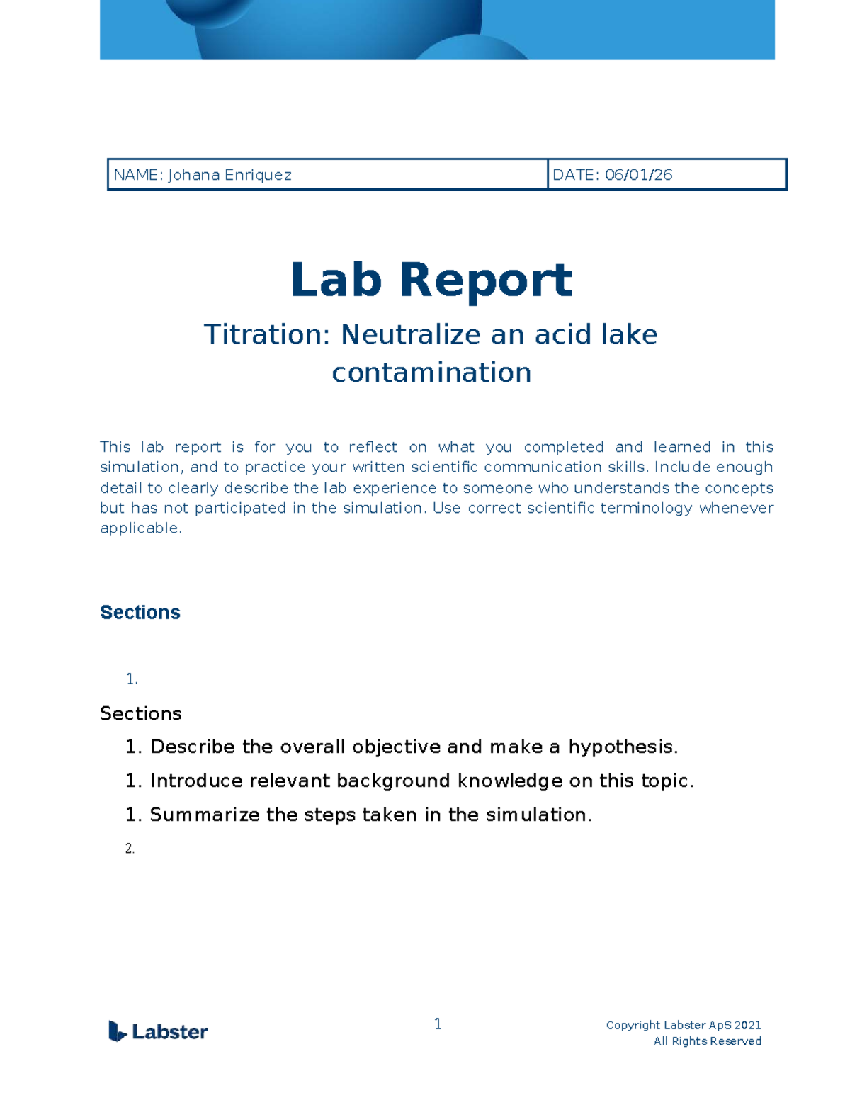 Lab Report: Titration to Neutralize Acid Lake Contamination - Studocu