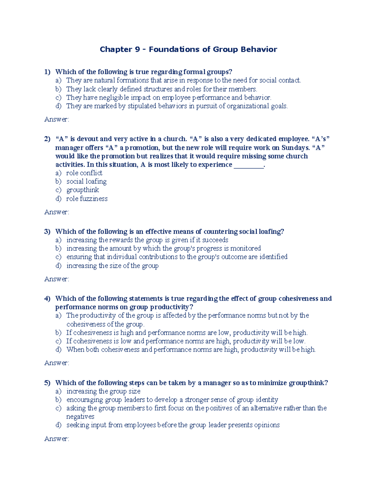 Chapter 9 MCQs: Foundations of Group Behavior Insights - Studocu