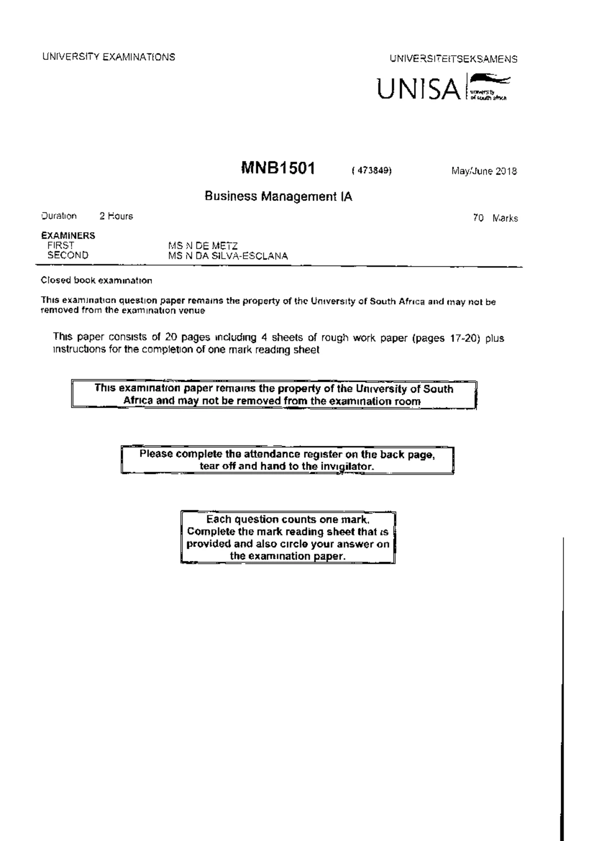BNU1501 - Study guide - mm UNIVERSITY EXAMINATIONS mm MAY/JUNE 2020 BNU ...