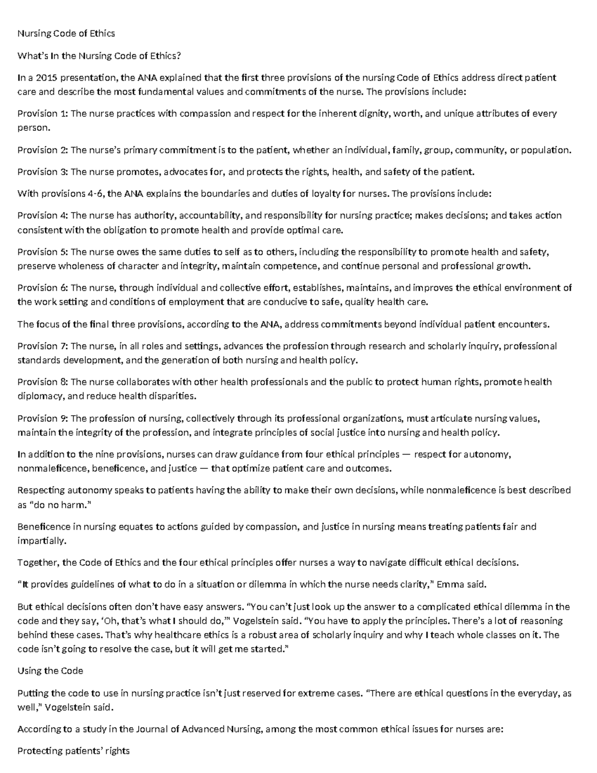 Nursing Code of Ethics: Key Provisions and Ethical Principles - Studocu