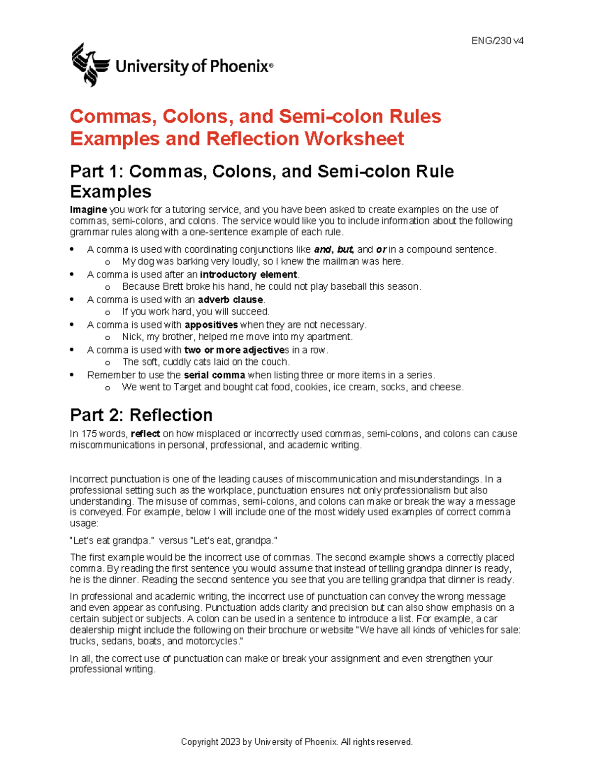 ENG/230 V Week 4 Assignment: Commas, Colons, and Semi-colons Guide ...