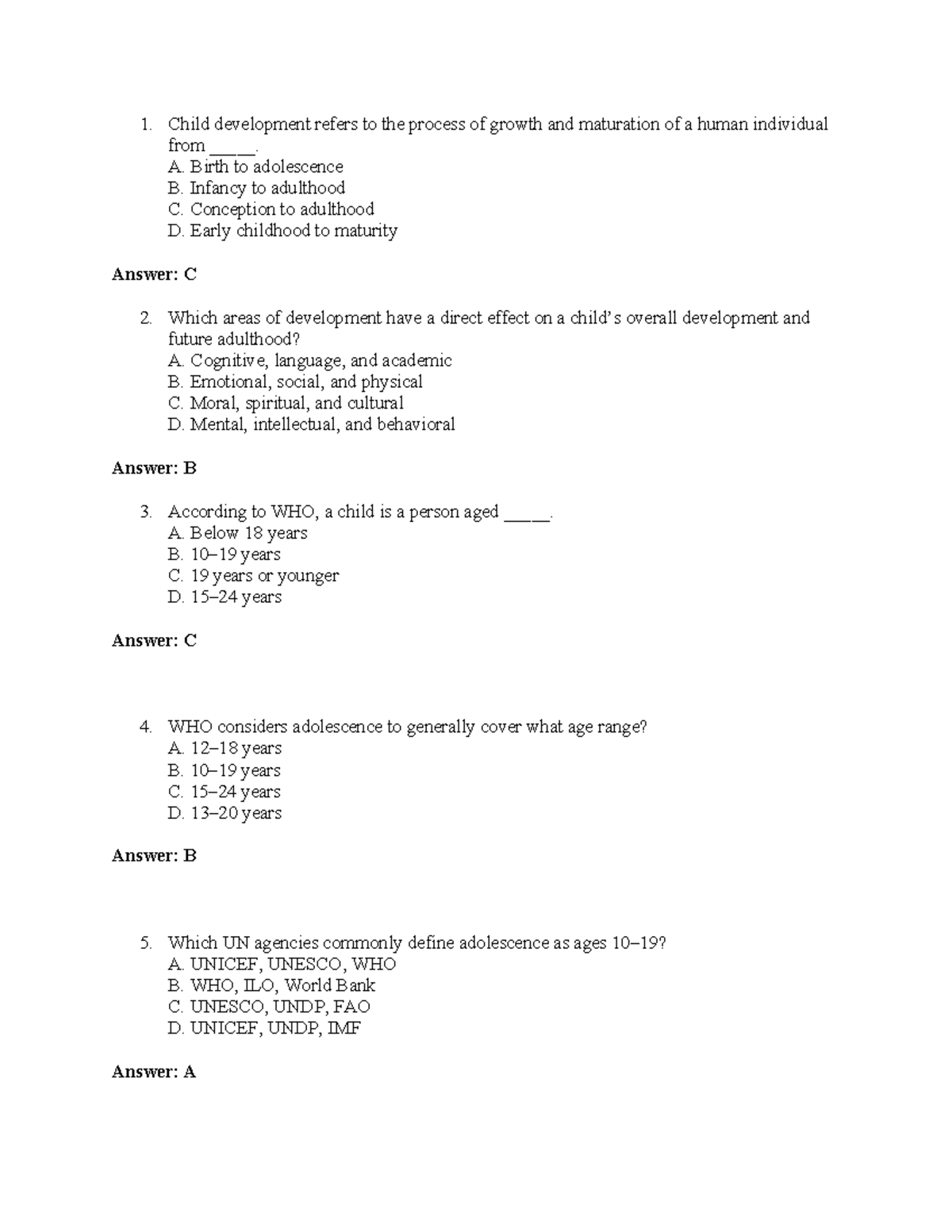 Child Development Quiz (Course Code: CD101) - Studocu