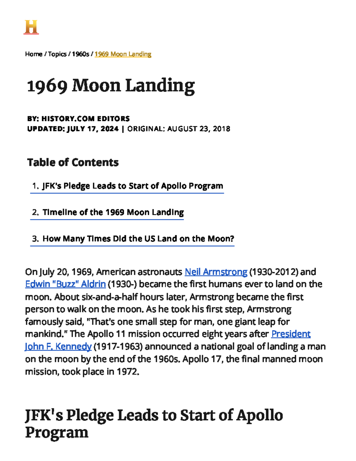 1969 Moon Landing ‑ Date, Facts, Video History - Table of Contents JFK ...