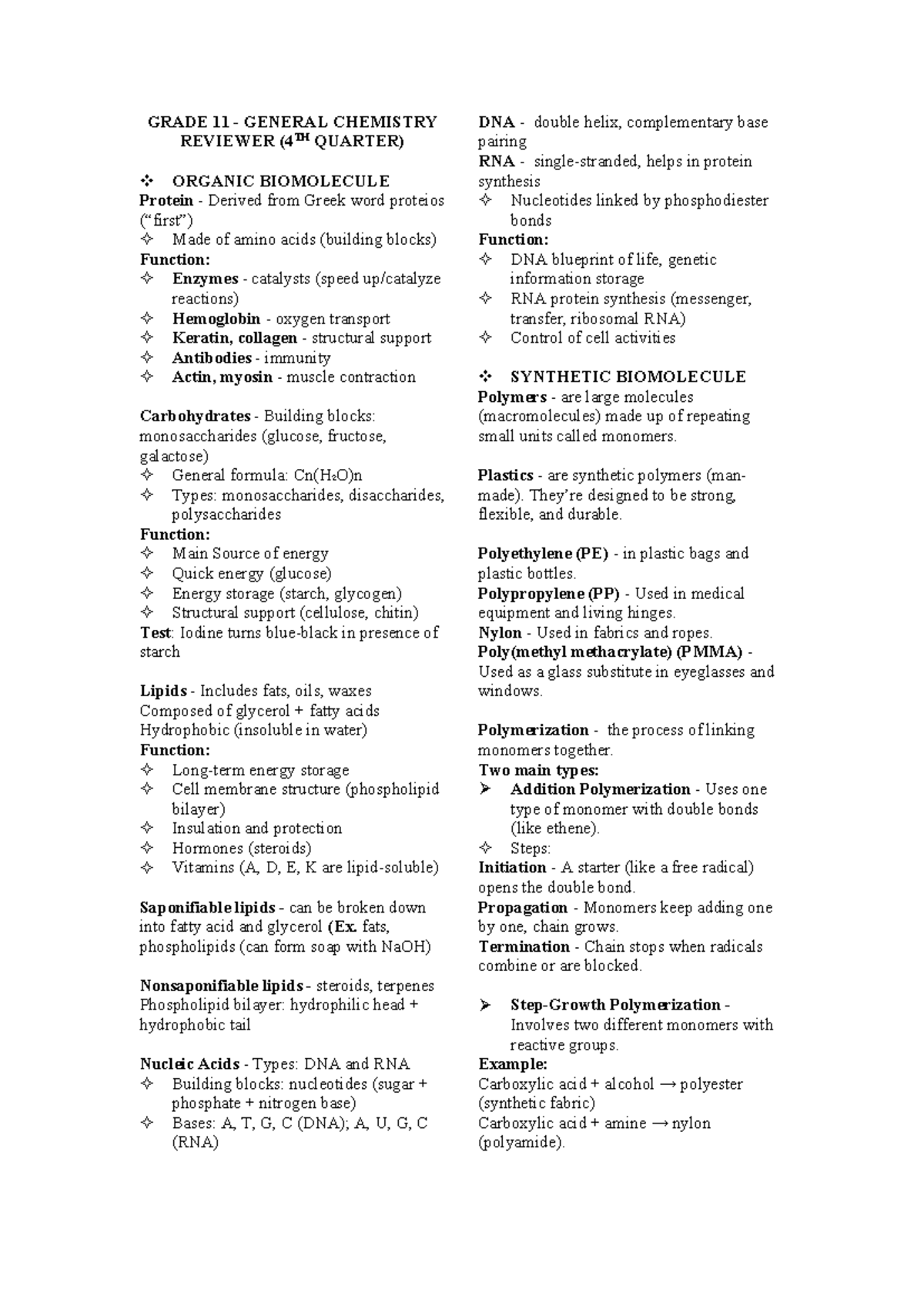 GRADE 11 GENERAL CHEMISTRY 4TH QUARTER REVIEWER - Studocu