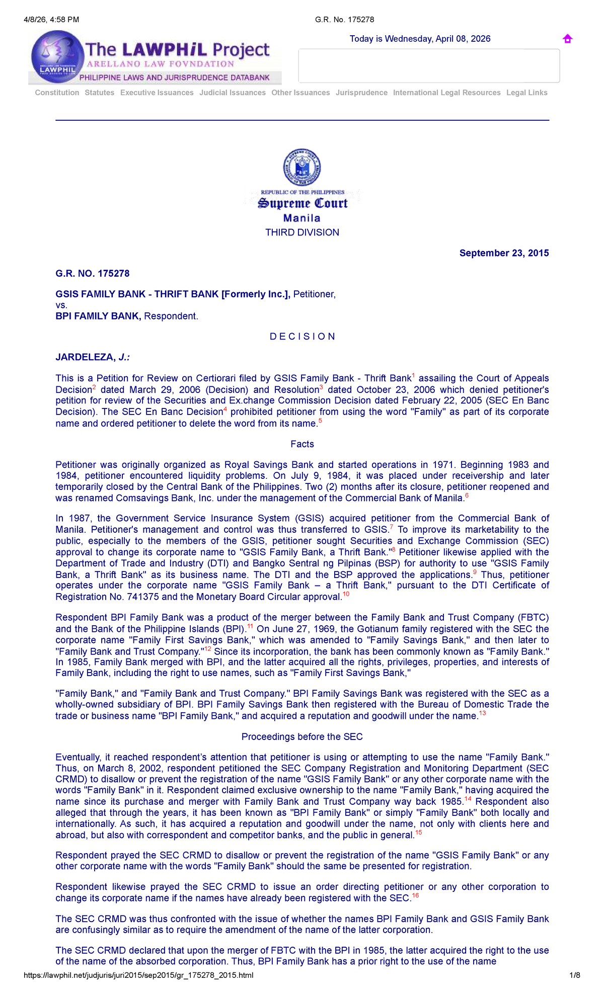 GSIS Family Bank vs. BPI Family Bank: G.R. No. 175278 Case Analysis ...