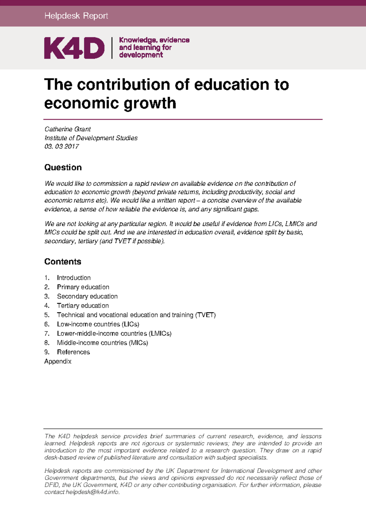 K4D HDR: Education's Role in Economic Growth - A Final Review - Studocu