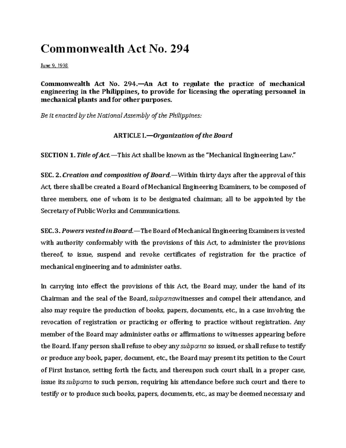 Mechanical Engineering Law in the Philippines - Commonwealth Act 294 ...