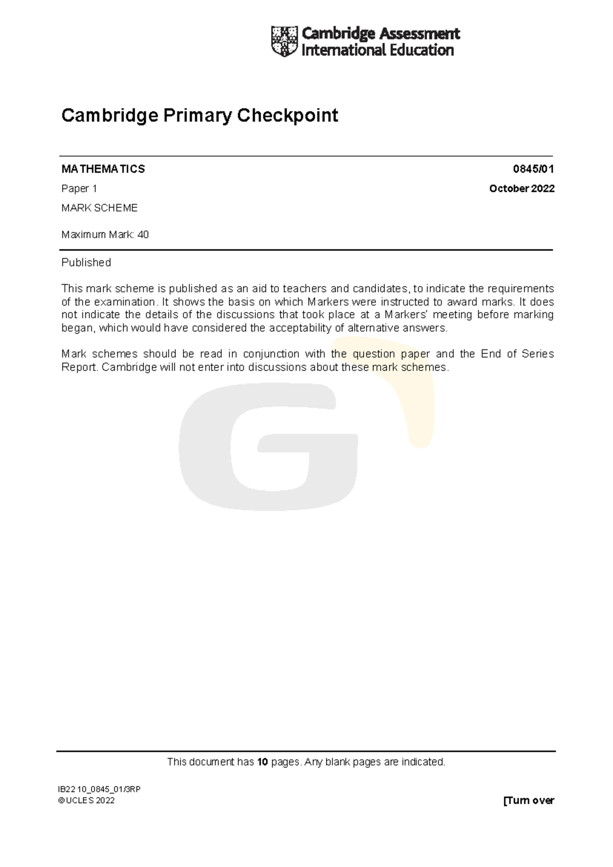 Cambridge Primary Checkpoint MATHEMATICS Paper 1 Mark Scheme - Oct 2022 ...
