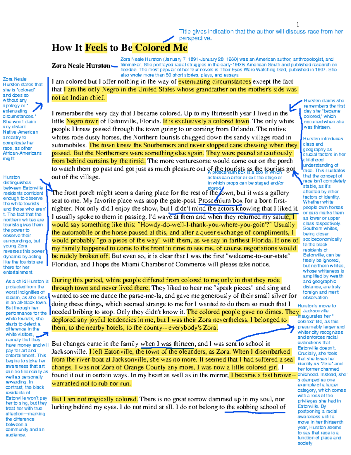 Annotated How It Feels to be Colored Me by Zora Neale Hurston - 1 How ...