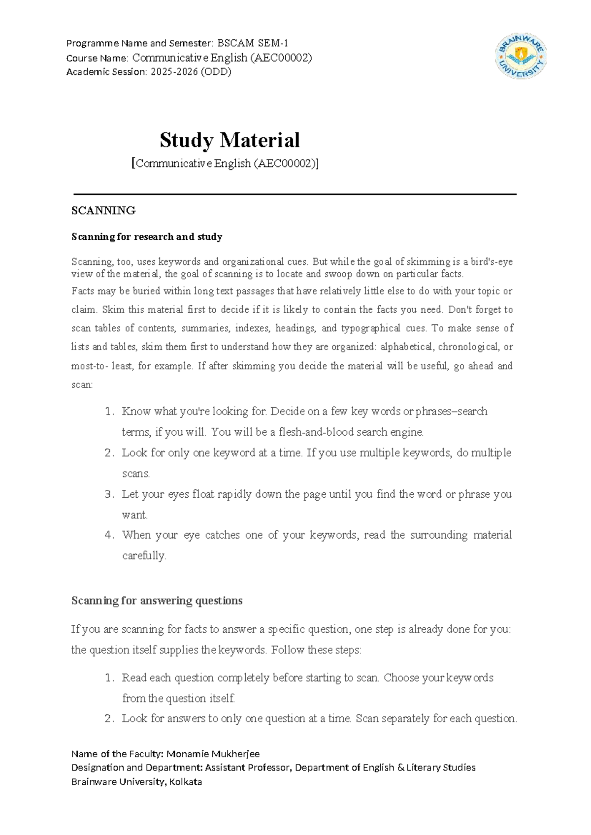 Communicative English Study Material: Mastering Scanning Techniques ...