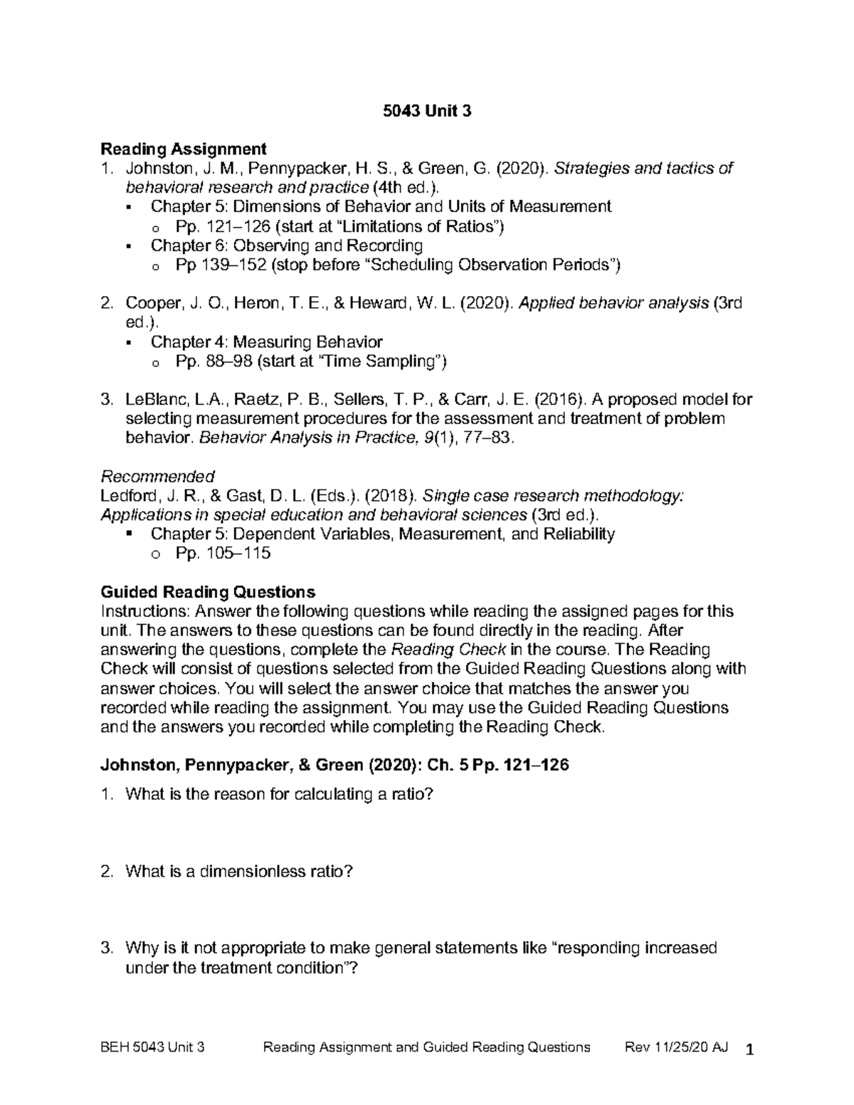 BEH 5043 Unit 3 Reading Assignment and Guided Reading Questions - M., Pennypacker, H. S ...