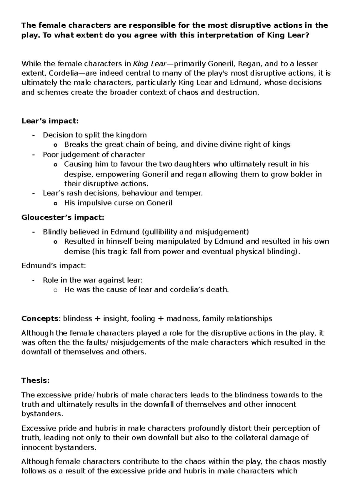 ENG 201 Essay: Female Characters and Their Impact in King Lear - Studocu
