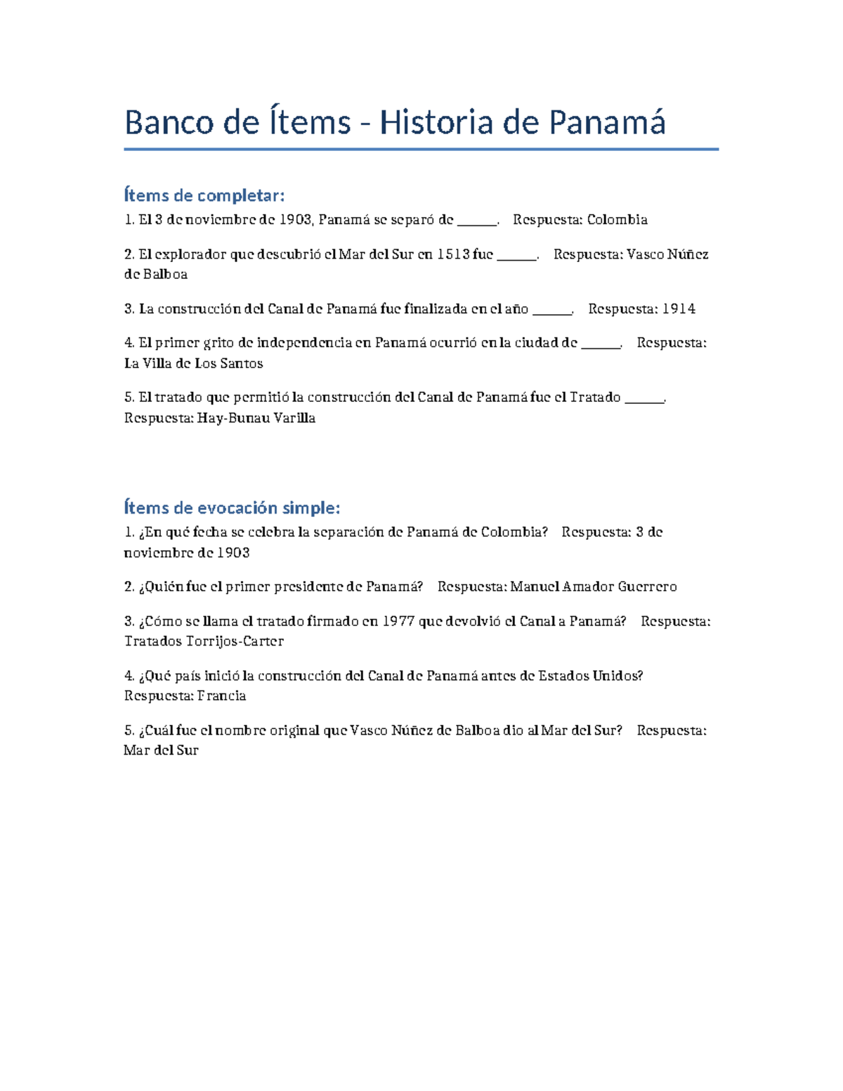 Banco de Items Historia de Panama - Banco de Ítems - Historia de Panamá ...