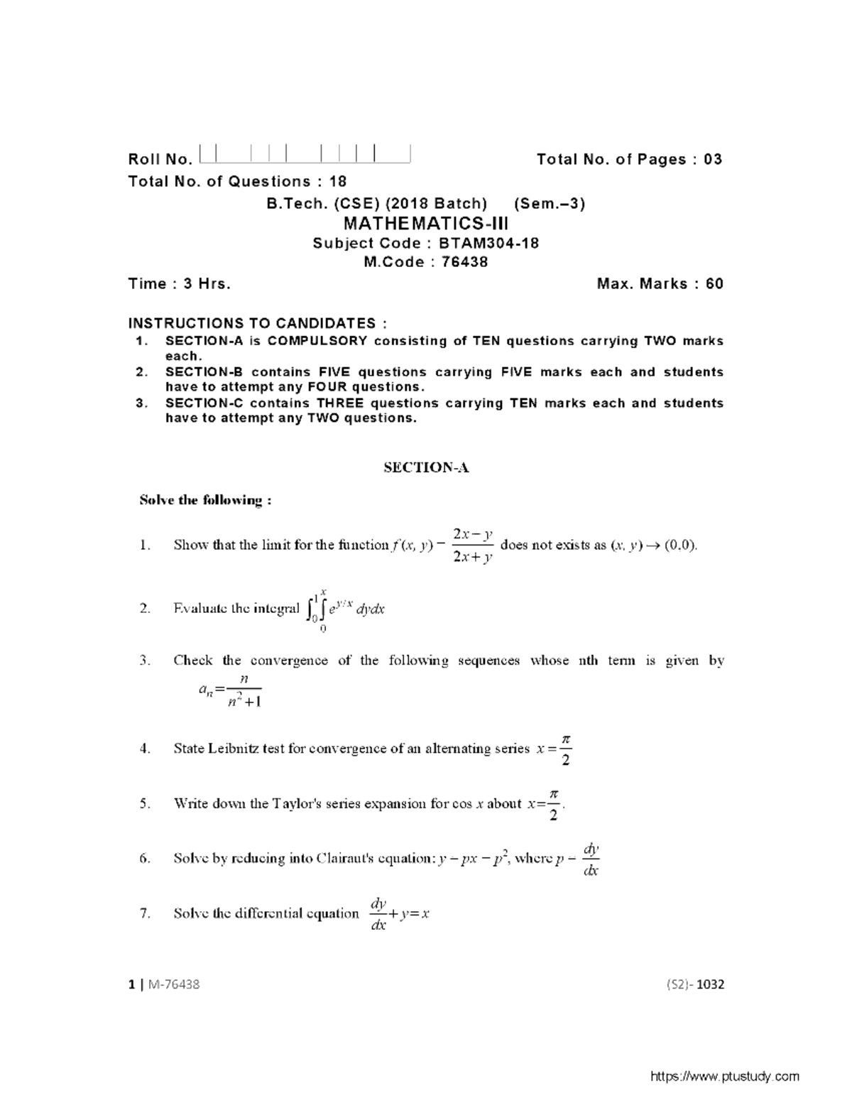 B.Tech CSE 3rd Sem Mathematics Exam Paper M.Code 76438 Dec 2020 - Studocu