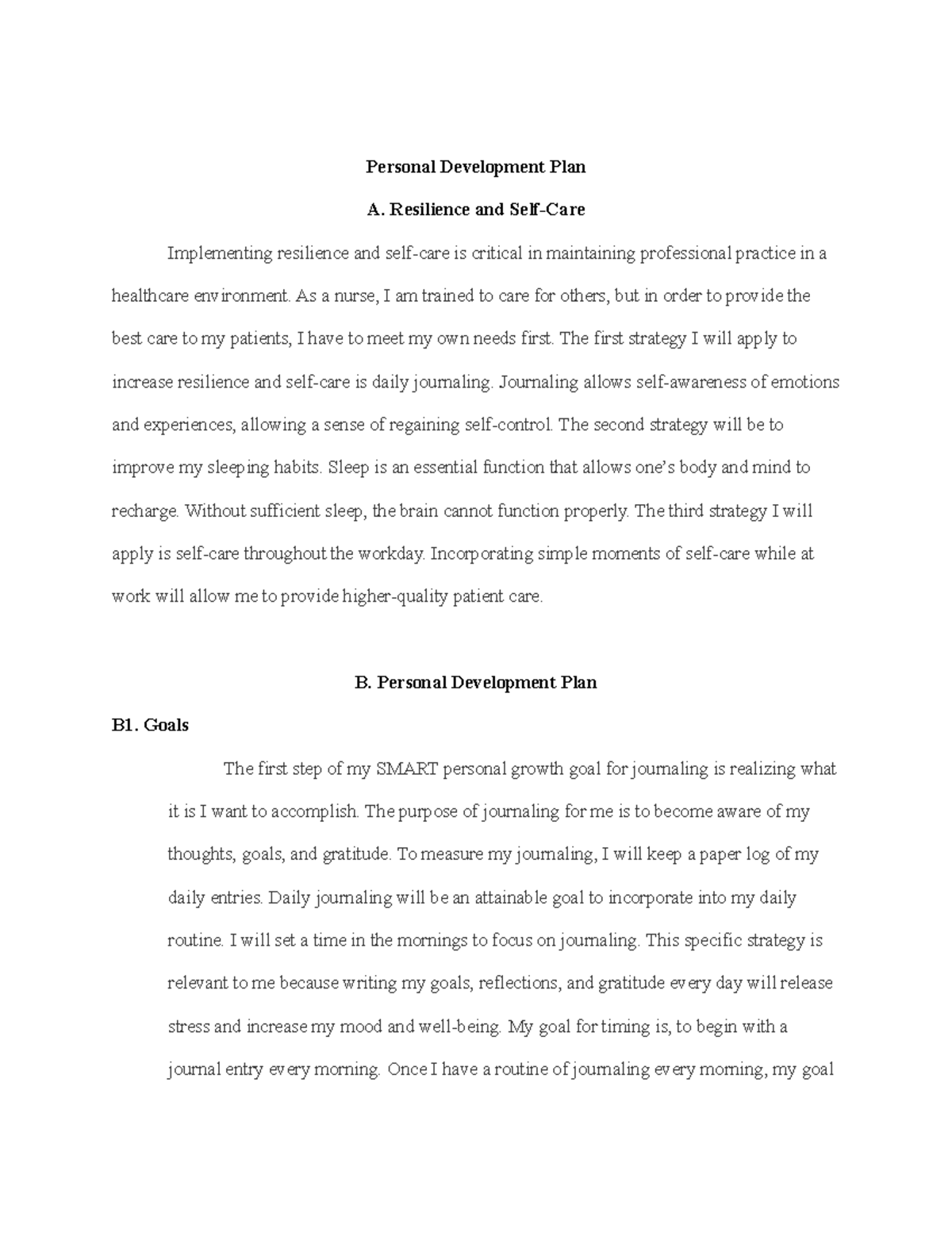 D218 Personal Development Plan: Strategies for Resilience & Self-Care ...