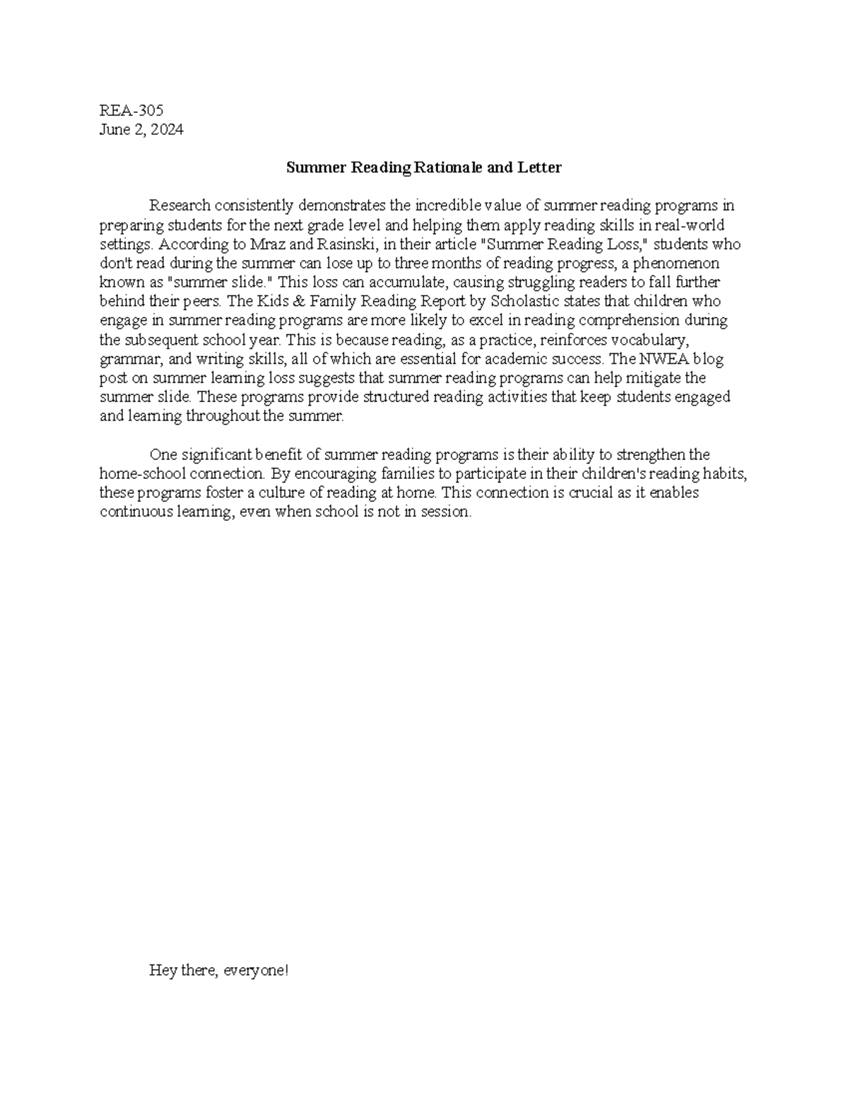 Summer Reading Program Rationale and Engagement Letter REA-2024 - Studocu