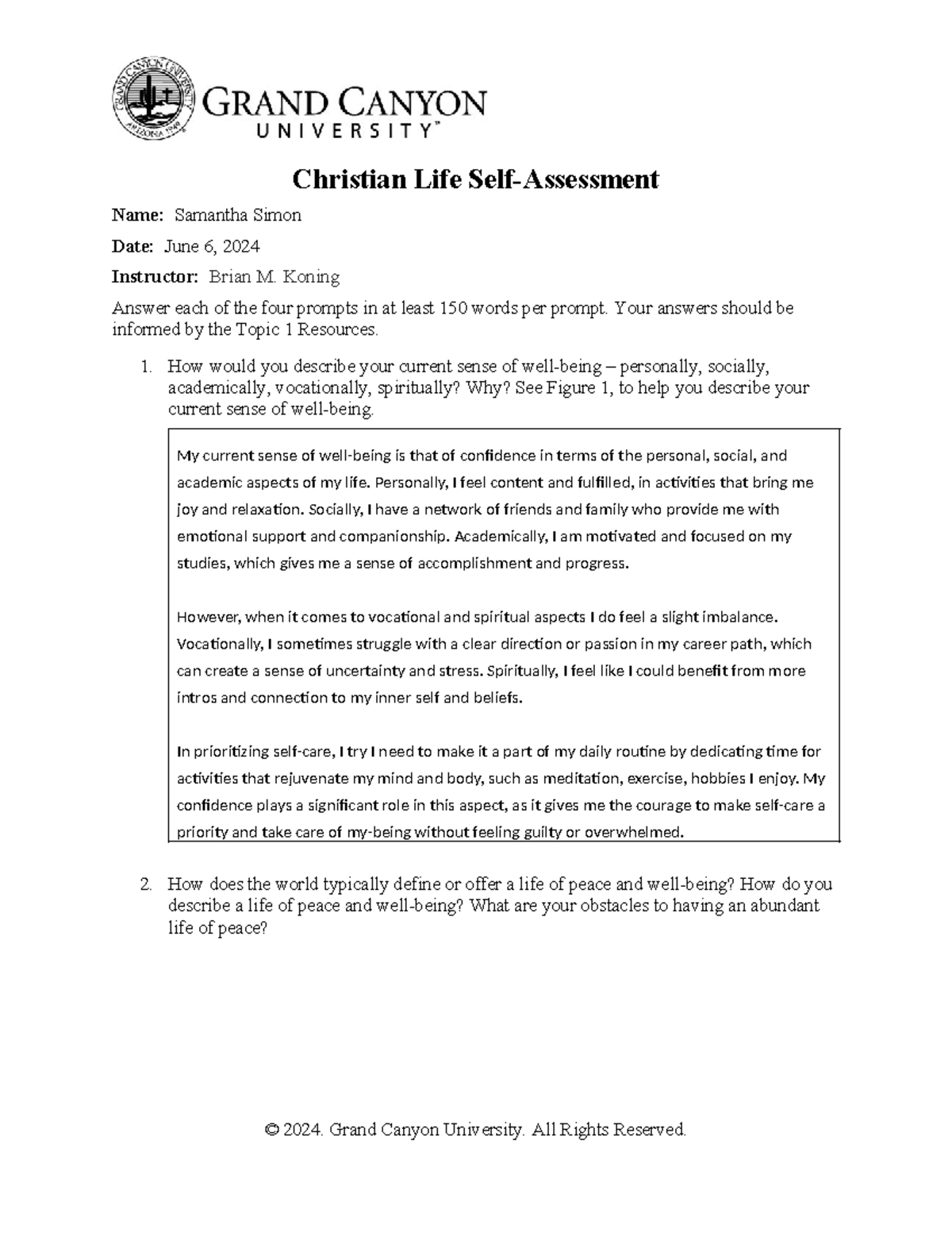 Christian Life Self-Assessment - CWV-316-RS-T1 by Samantha Simon - Studocu