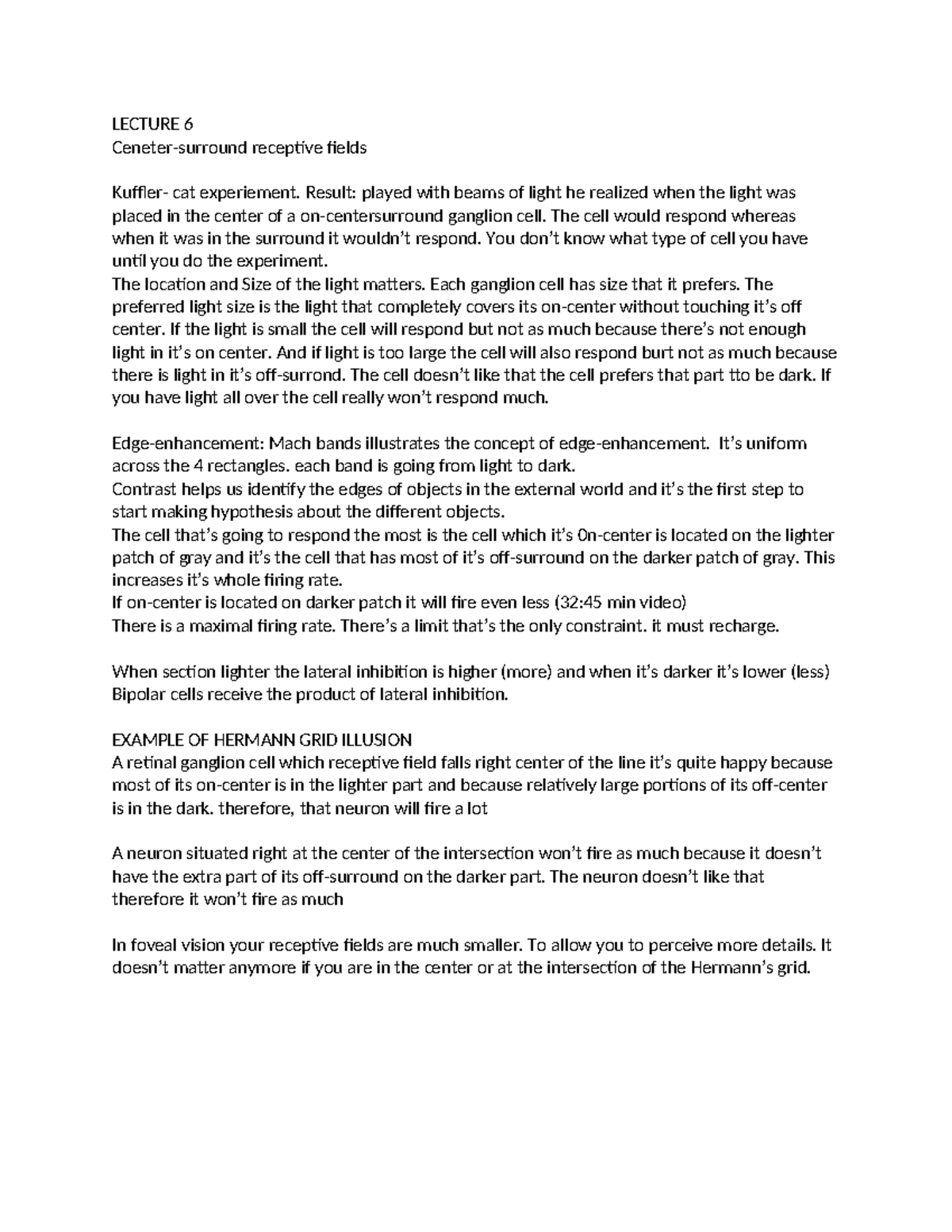 Midterm 2 Notes - Lecture 6: Receptive Fields & Visual Processing - Studocu