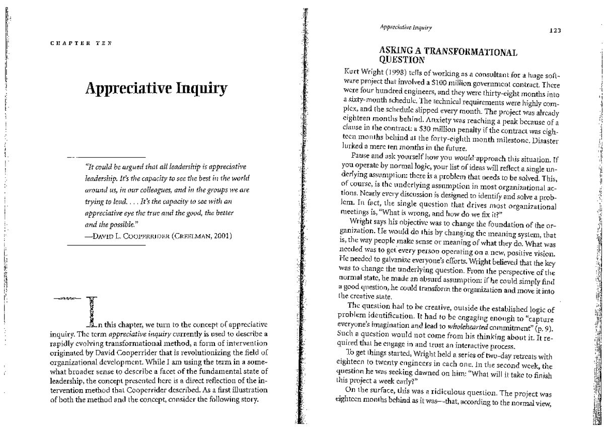 Quinn Chapter 10: The Power of Appreciative Inquiry in Leadership - Studocu