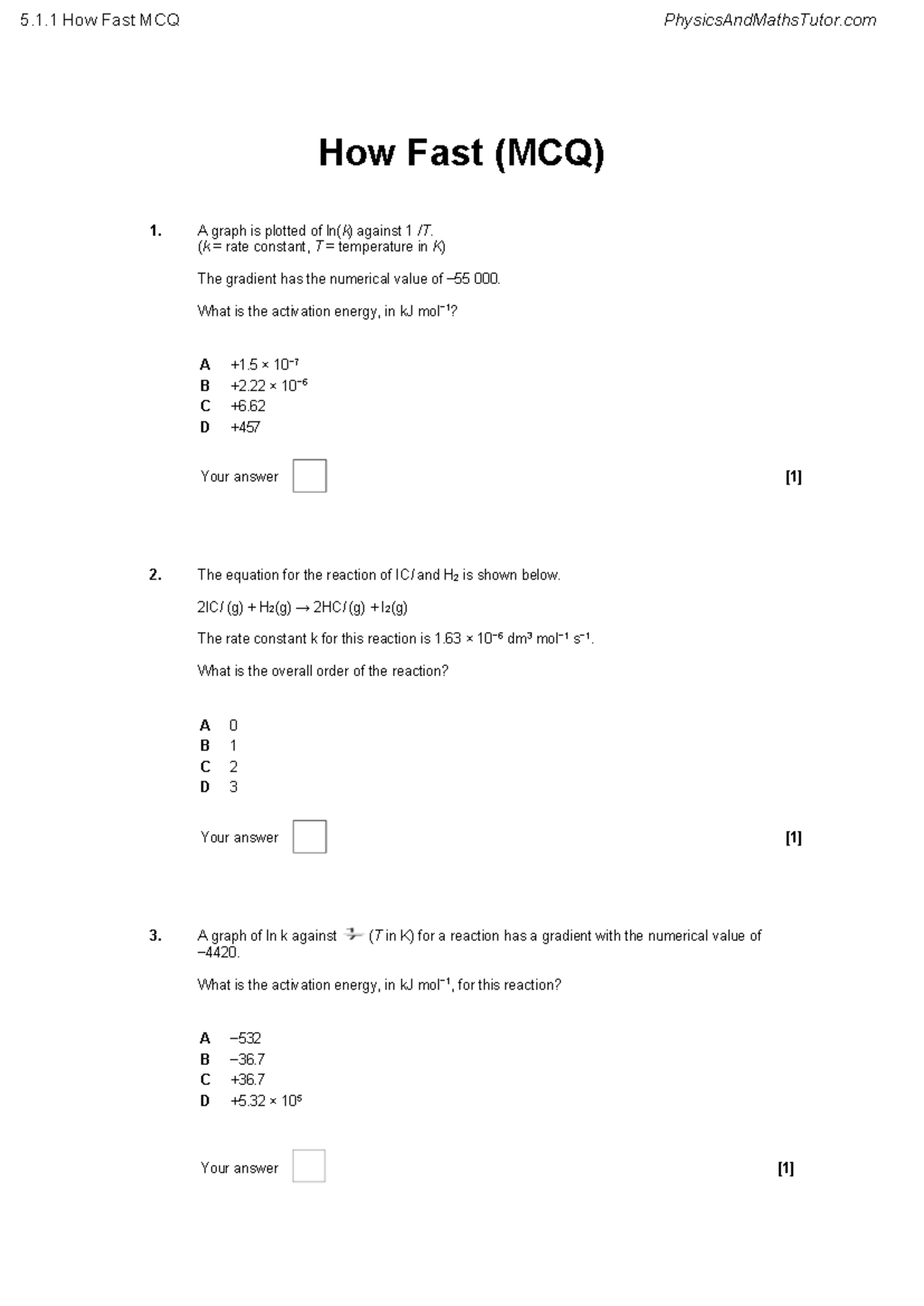 5.1.1 MCQ on Reaction Rates and Activation Energy - Studocu