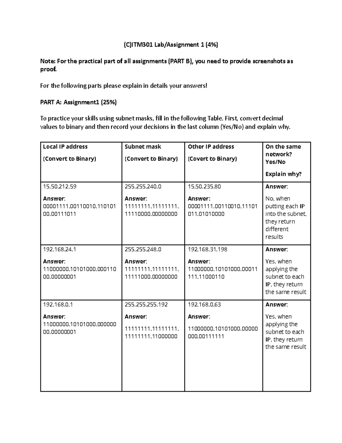 ITM301 Lab1 Assignment: Subnetting and Network Analysis - Studocu