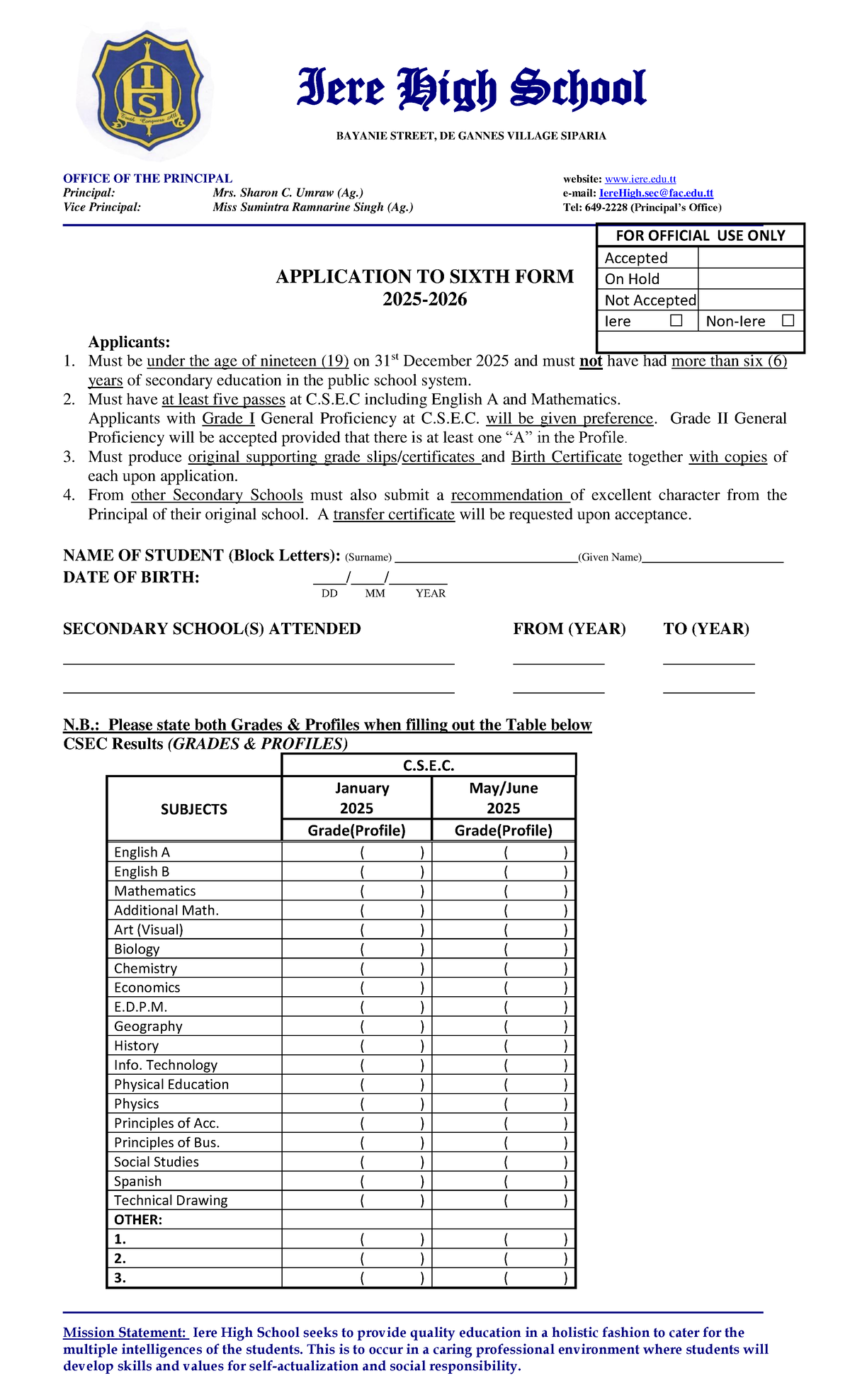 Application to Sixth Form 2025-2026 at Iere High School - Studocu