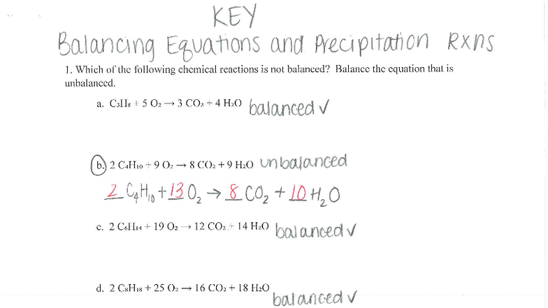 Balancing Equations and Precipitation Reactions KEY CHEM 121 - Studocu