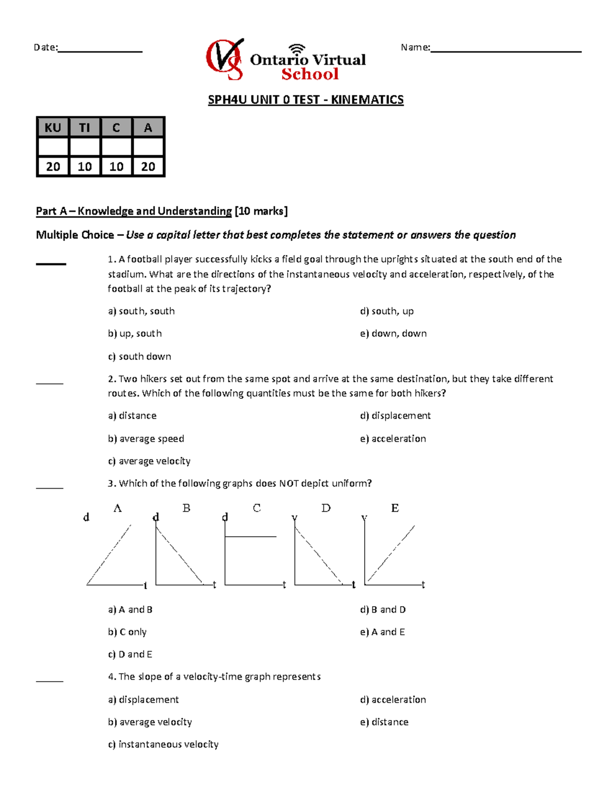 SPH4U Kinematics Test - Knowledge, Communication & Thinking Assessments ...